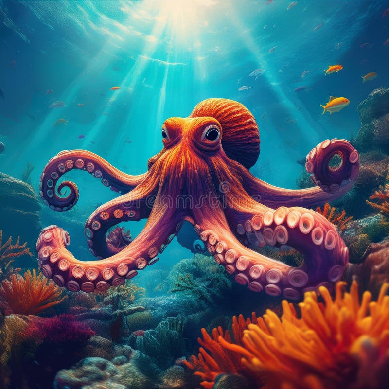Octopus Under the Surface among Corals Stock Illustration ...