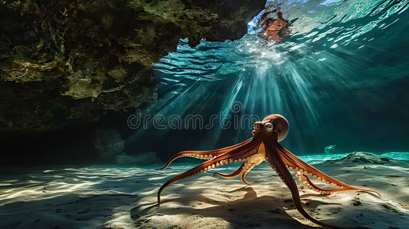 Octopus in Underwater Cave, Sunlight Beams Stock Photo - Image of ...
