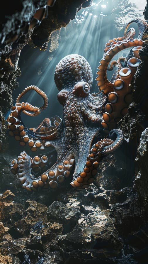 Octopus Underwater in a Rocky Cave with Sunrays, Marine Life Concept ...