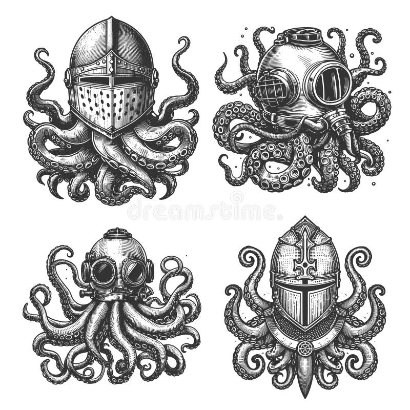 Octopus Engraving Set Vector Collection Stock Vector - Illustration of ...