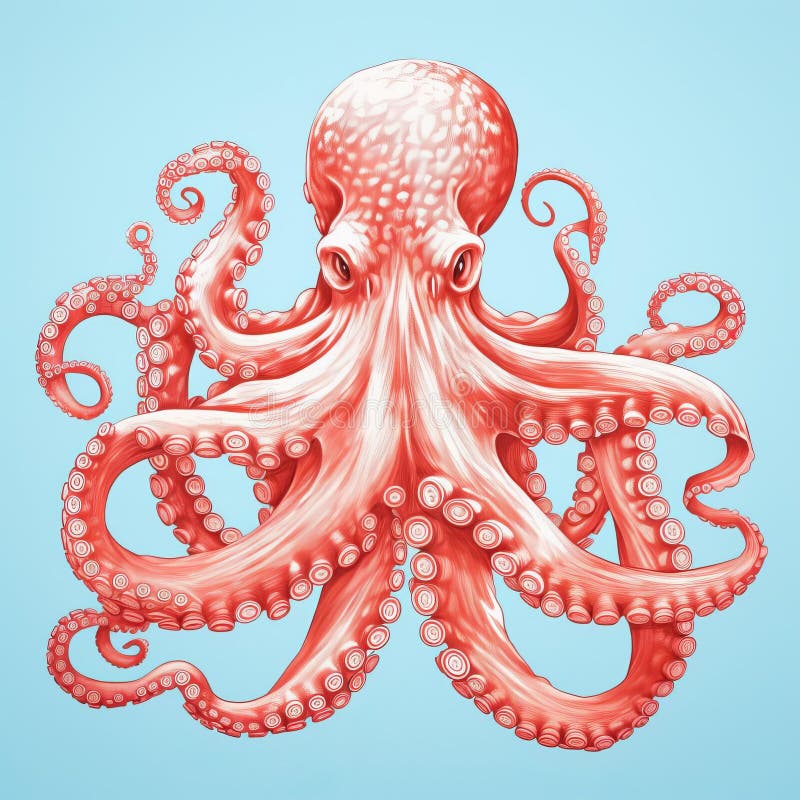 Minimalistic Red Octopus Illustration on Blue Background Stock ...