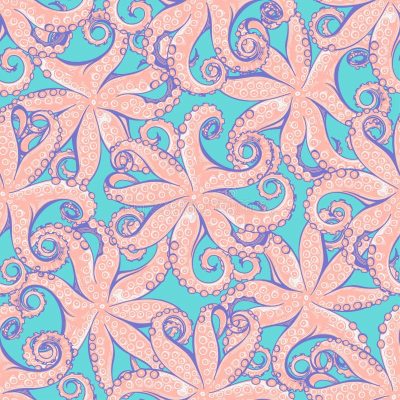 Octopus. Vector Seamless Background Patterns on Turquoise. Bright Animal Vector Illustration ...