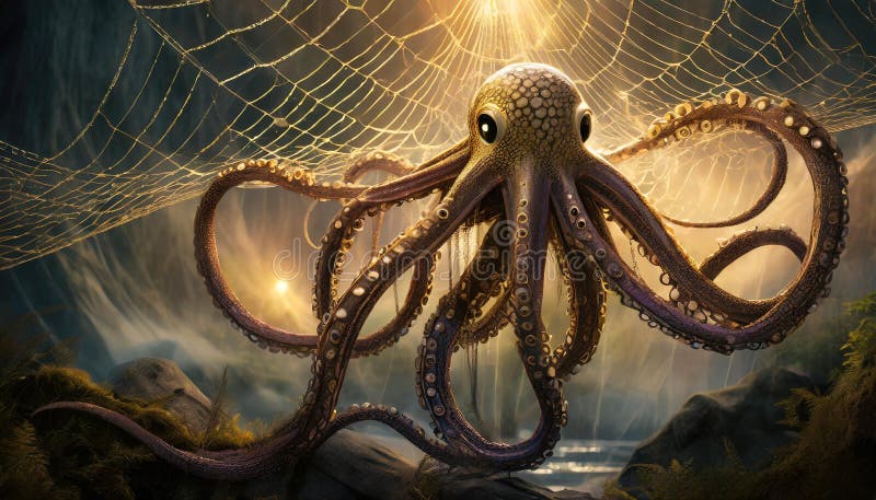 Octopus in Water and in Net Stock Illustration - Illustration of ...