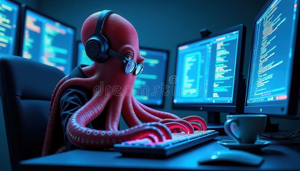 Octopus Wearing Glasses Types Code on a Keyboard in a Dark Room with ...
