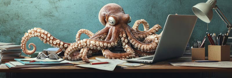 Octopus at Work: Multitasking in a Busy Office Scene Stock Illustration ...