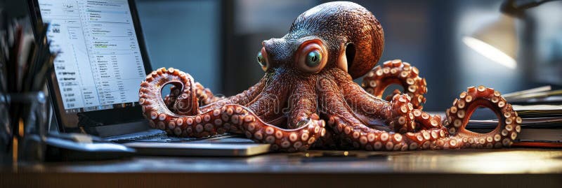 Octopus Working on a Laptop at a Cluttered Desk Stock Illustration ...