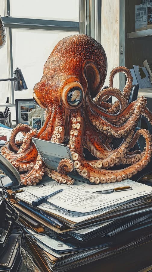 Octopus Works Diligently at the Cluttered Office Desk Stock ...