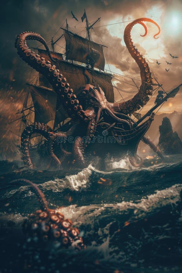 An Octopus Wraps Around a Ship S Hull, Attempting To Attack it on the ...