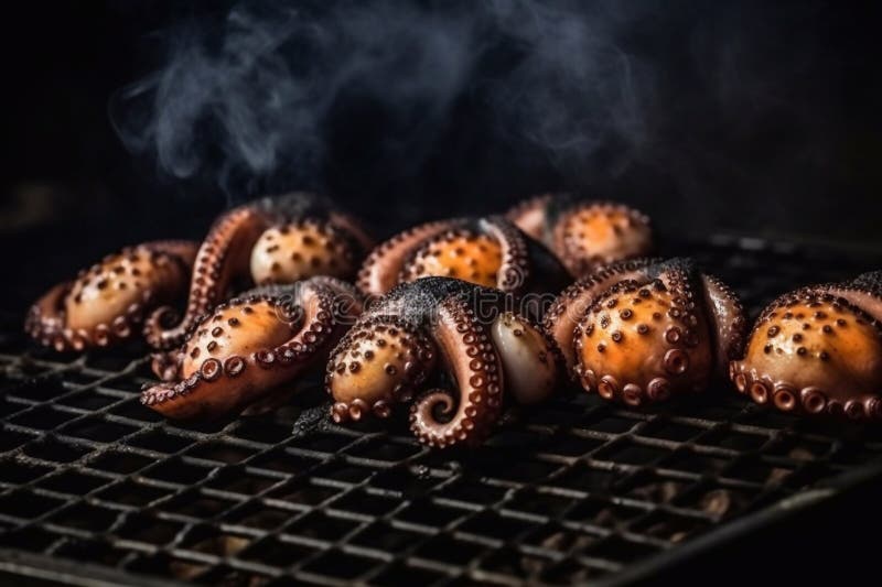 Octopuses on the Grill. Grilled Seafood. Smoke, Fire. Cooking Octopus ...