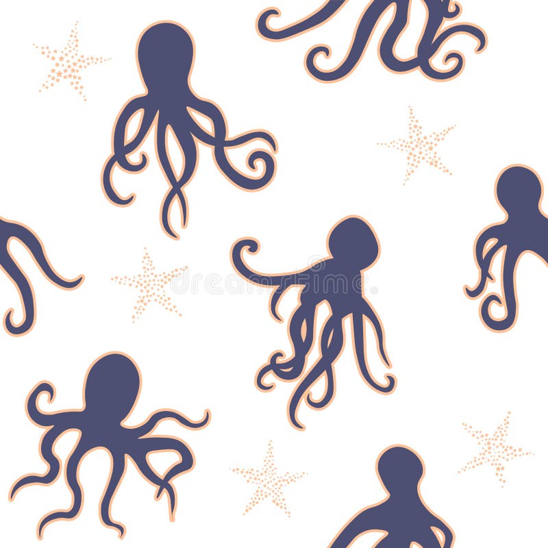 Octopuses and Stars Seamless Pattern Stock Vector - Illustration of ...