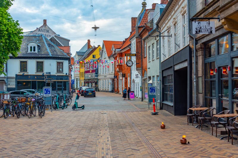 Odense, Denmark, June 18, 2022: Sunset View of a Street in the C ...