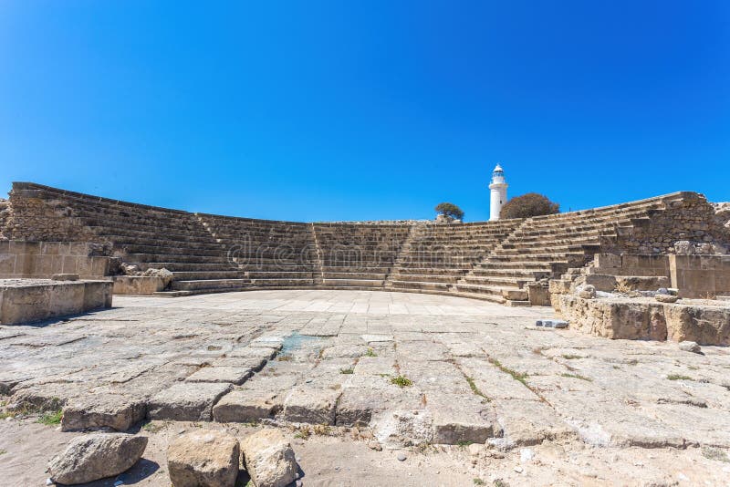 Odeon Amphitheatre and the Lighthouse. Paphos, Cyprus Stock Image ...
