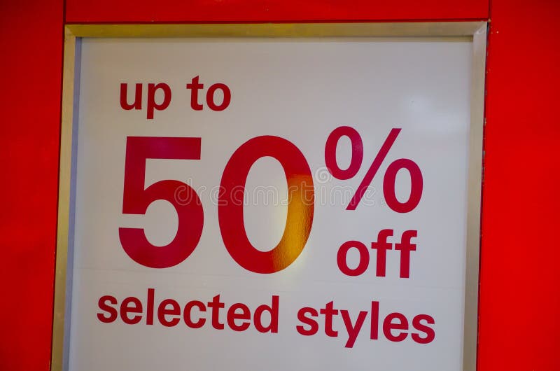50 Off Everything Sale Red Sign on Shop Front Glass Window. Stock Photo ...