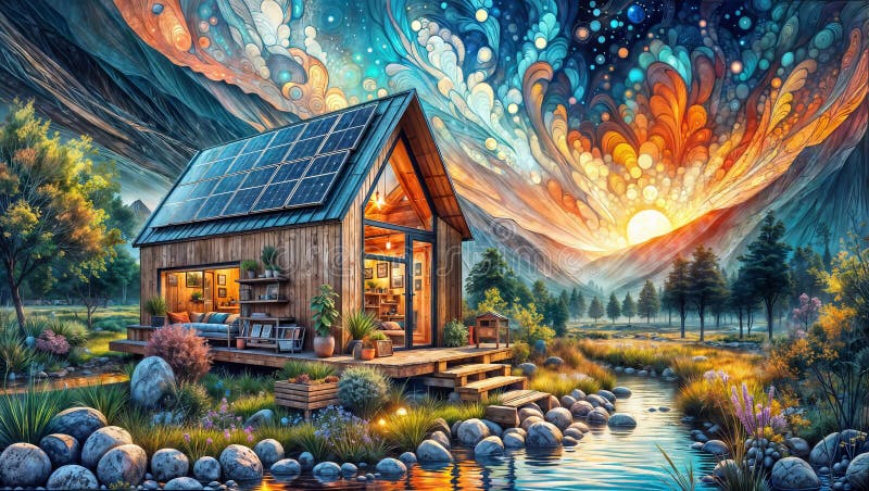 Off-Grid Cabin with Solar Panels & Mountain View, Generative Ai Stock ...