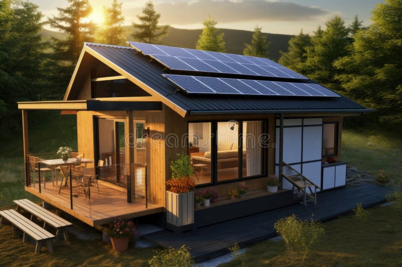 Off-grid Tiny House with Solar Panels on Roof Stock Illustration ...