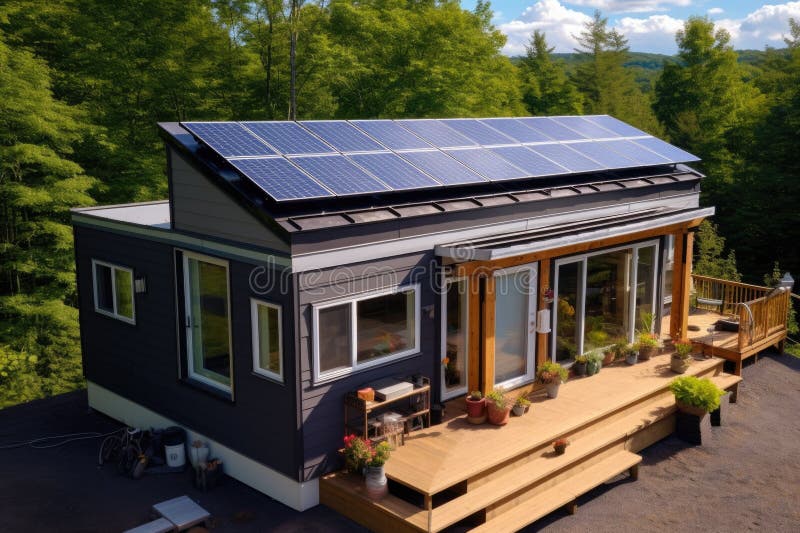 Off-grid Tiny House with Solar Panels on Roof Stock Illustration ...