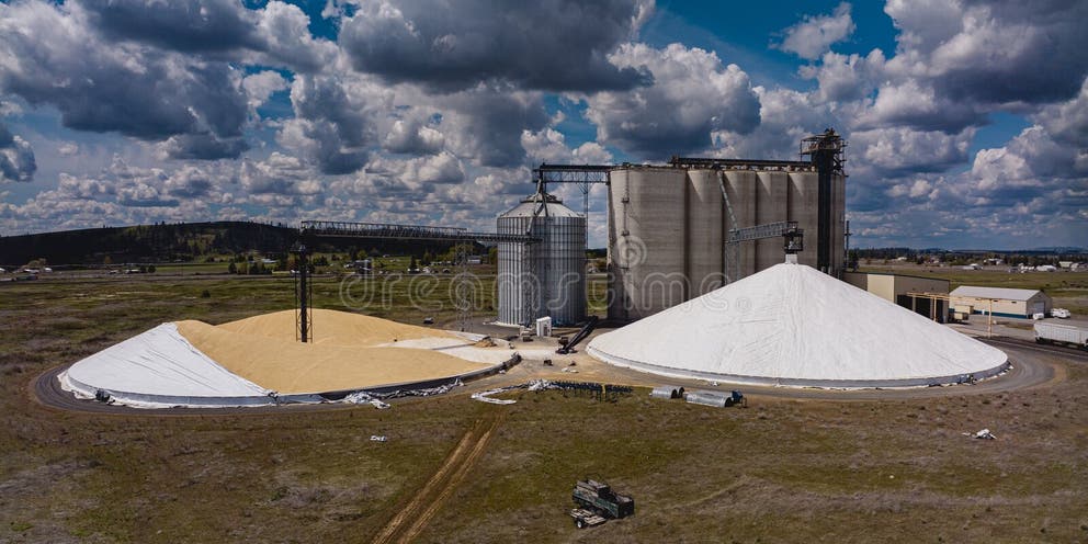 Off Interstate 90 Near Spokeane Valley, Grain Silo and Stack of Grain ...