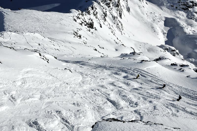 Off Piste Skiing on the Glacier Stock Image - Image of helicopter ...