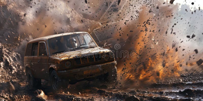 Off-Road Adventure: a Car Explodes through Mud. Created by Generative ...