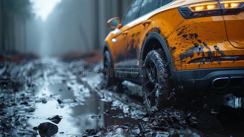 Off-road Adventure: Muddy Path with Orange Suv - Generative Ai Stock ...