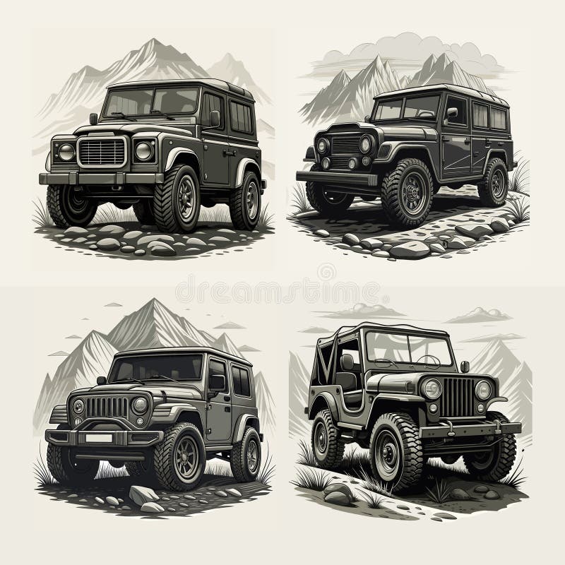 Off-Road Adventure Vehicles Illustrations in Black and White Stock ...
