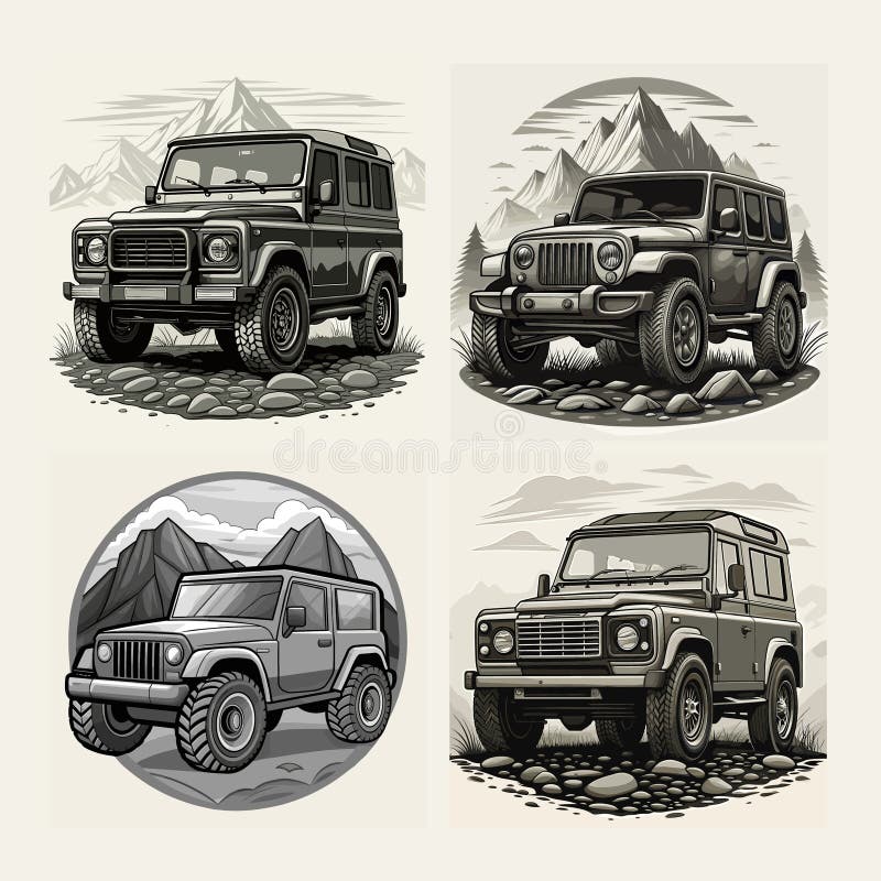Off-Road Adventure Vehicles Illustrations in Black and White Stock ...