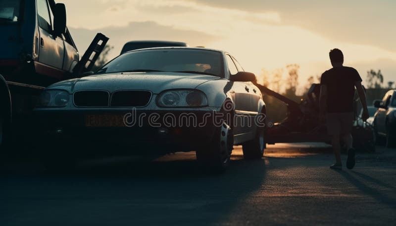 Off Road Adventure Young Adults Driving SUV through Nature at Dusk ...