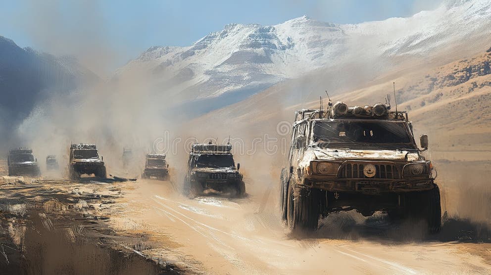 Off-road Convoy on Dusty Road, Multiple Vehicles, Mountain Range Ahead ...