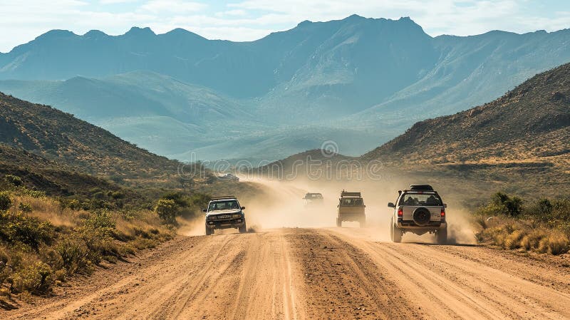Off-road Convoy on Dusty Road, Multiple Vehicles, Mountain Range Ahead ...