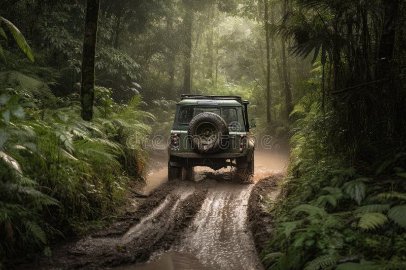 Off-road Enthusiast Driving through Muddy Track, Surrounded by Lush ...