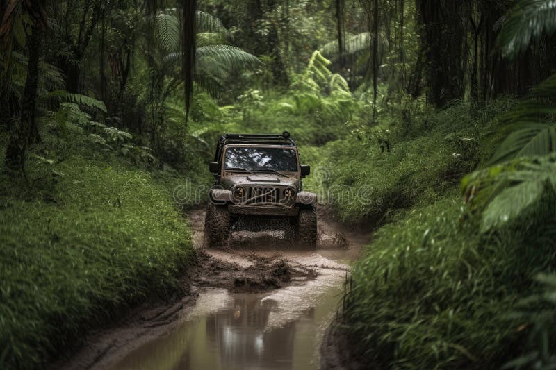 Off-road Enthusiast Driving through Muddy Track, Surrounded by Lush ...