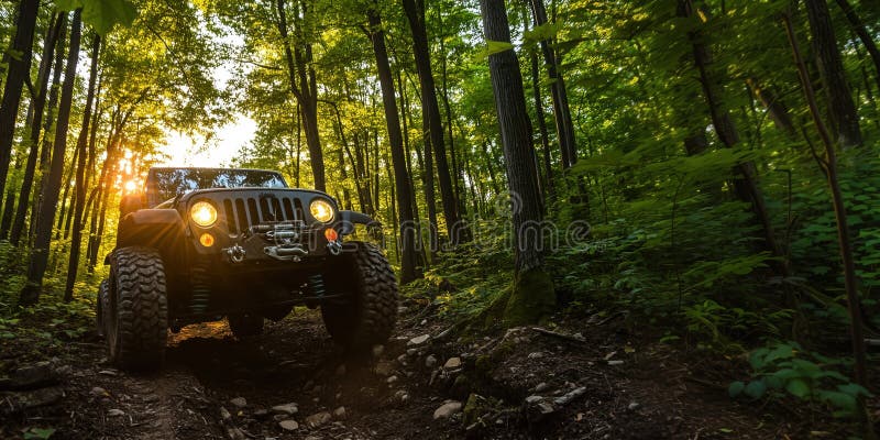 Off-road Jeep Navigating Forest Trail at Sunset, Surrounded by Lush ...