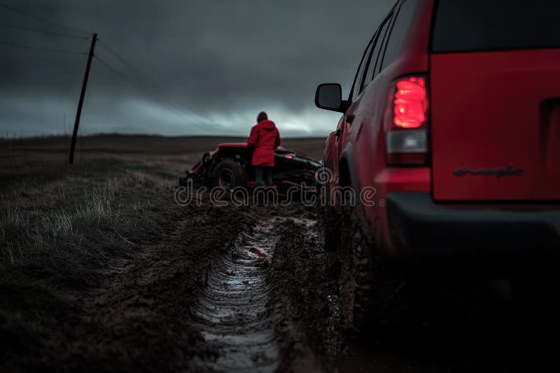 Off-road Rescue at Dusk with Red Suv and Muddy Terrain Stock Image ...