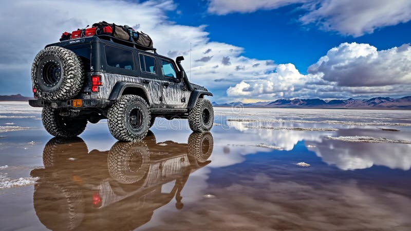 Off-road SUV Driving on a Reflective Salt Flat Under a Dramatic Blue ...