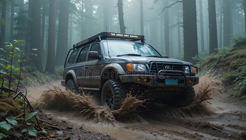 Off-Road SUV Navigating a Muddy Forest Trail Stock Illustration ...