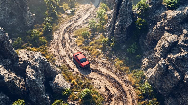 Off Road Trail Winding Tall Cliffs Small Suv Scale Contrast Stock ...