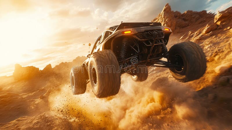Off Road Truck Jumping Desert Dune at Sunset Stock Illustration ...