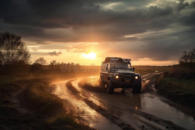 Off-road Vehicle Approaching Sunset, with the Sun Shining through the ...