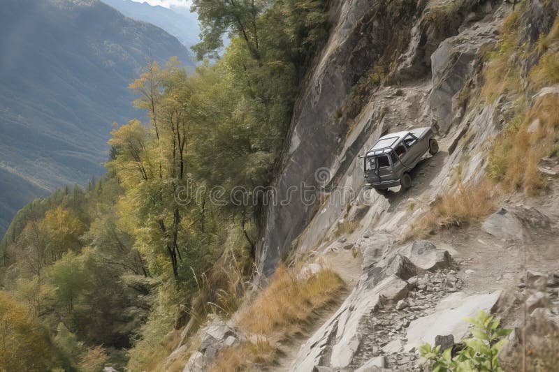 Off-road Vehicle Descending Steep Cliff Side, with Sharp Drop To the ...