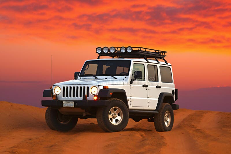 Off-road Vehicle in the Desert at Sunset Stock Illustration ...