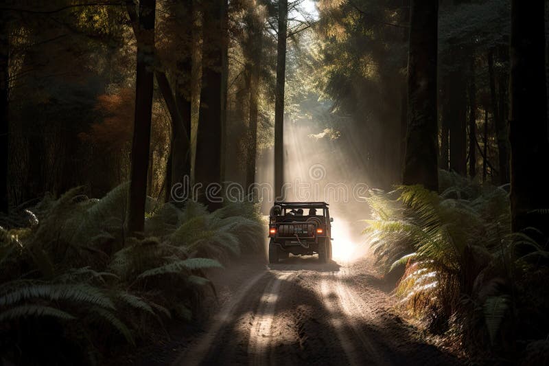Off-road Vehicle Driving through Dense Forest, with Sunlight Filtering ...