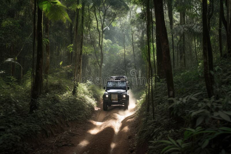 Off-road Vehicle Driving through Dense Forest, with Trees Arching ...