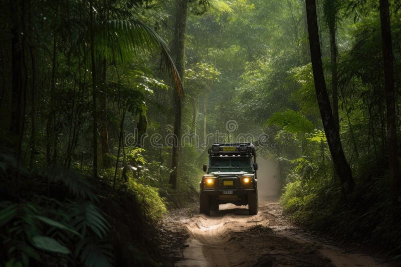 Off-road Vehicle Driving through Dense Forest, with Trees Arching ...