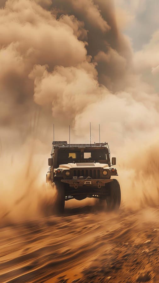 Off-road Vehicle Driving through Desert with Dust Clouds, Adventure and ...
