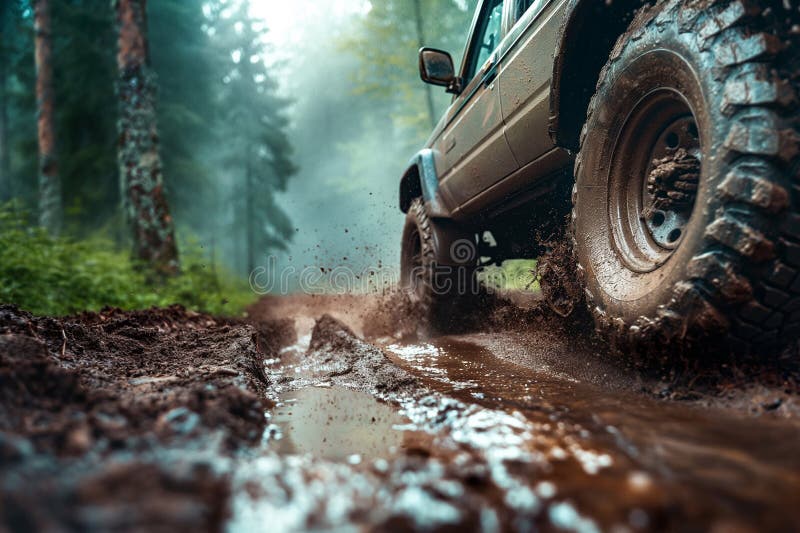 Off-road Vehicle Driving through Muddy Terrain in a Forest Stock ...