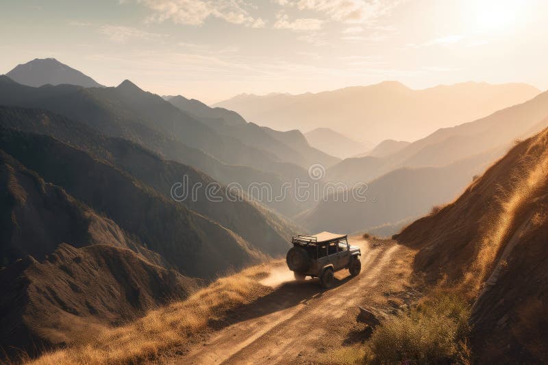 Off-road Vehicle Driving through Scenic Mountain Range, with Dramatic ...