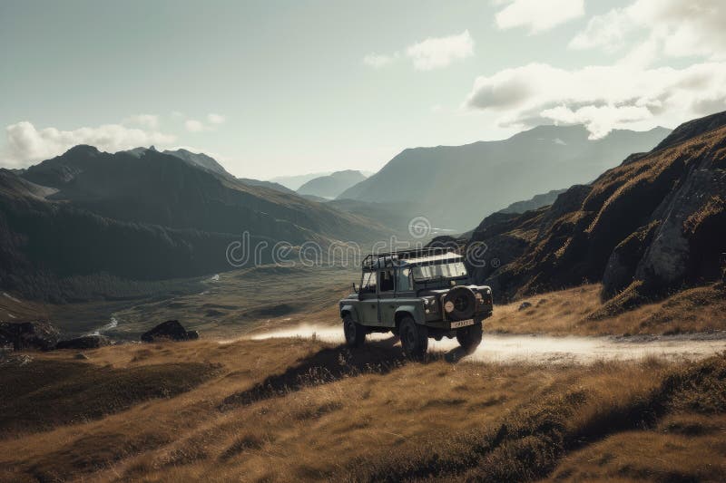 Off-road Vehicle Driving through Scenic Mountain Range, with Dramatic ...