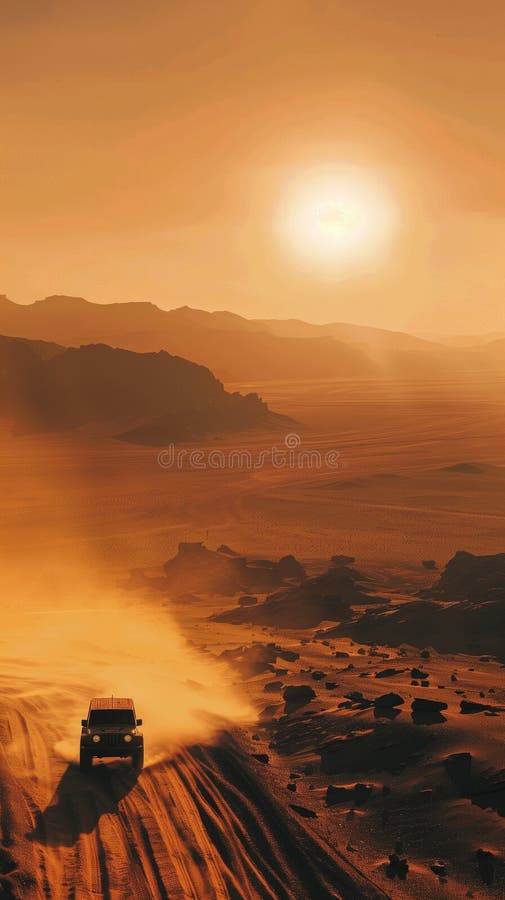 Off-road Vehicle Driving through a Vast Desert with a Dramatic Sunset ...