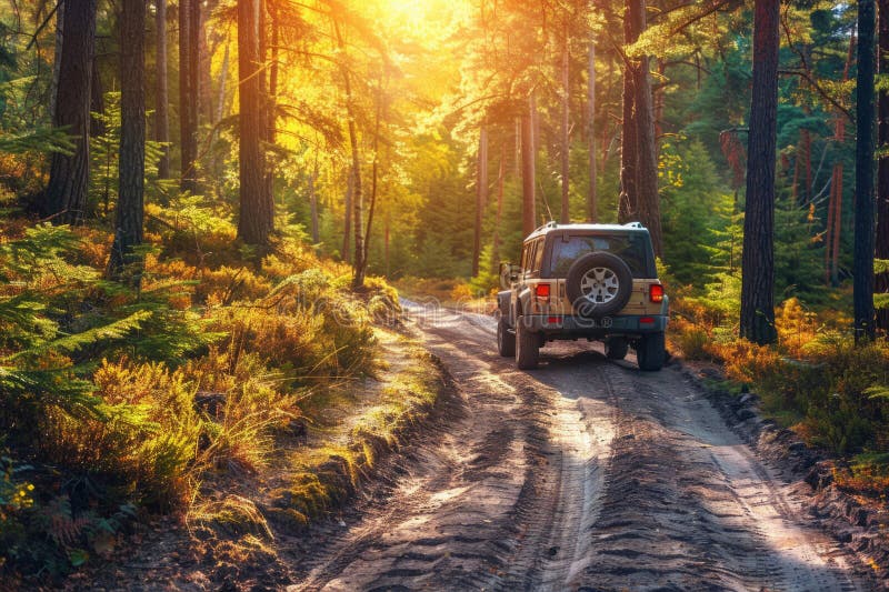 Off Road Vehicle Exploring Deep Forest on Sunny Morning Stock Image ...