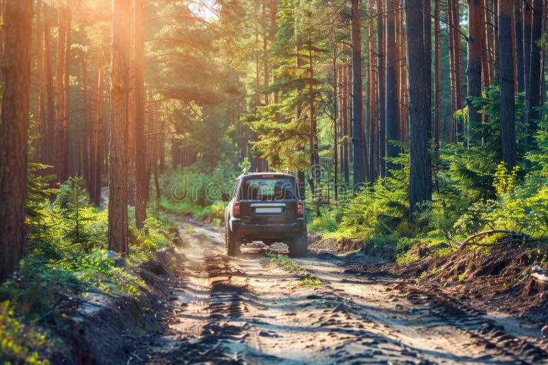 Off Road Vehicle Exploring Deep Forest on Sunny Morning Stock Photo ...